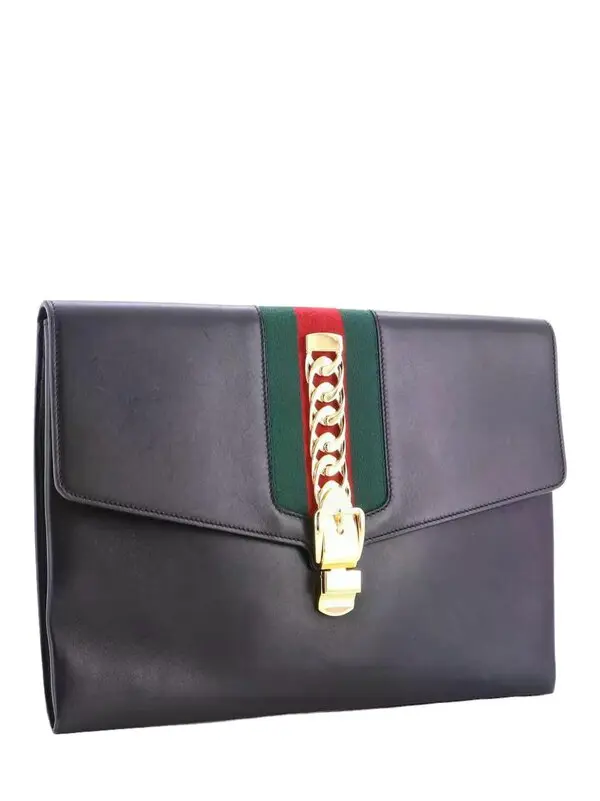 Gucci Sylvie Leather Maxi Clutch Bag - Black