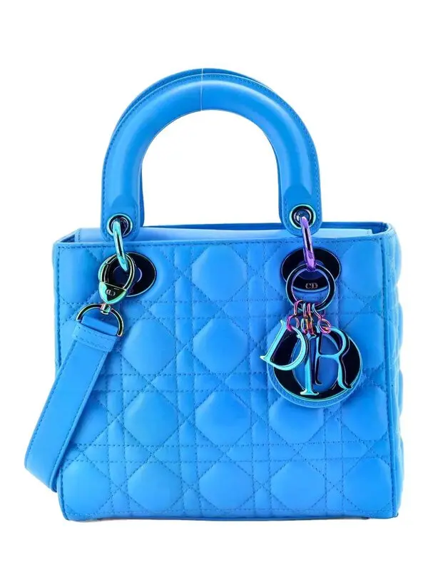 Dior Lady Cannage Quilt Lambskin Small Satchel With Rainbow Hardware - Blue