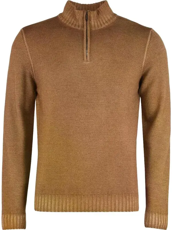 MOORER Zip-up Funnel-neck Sweater With Ribbed Trims - Brown