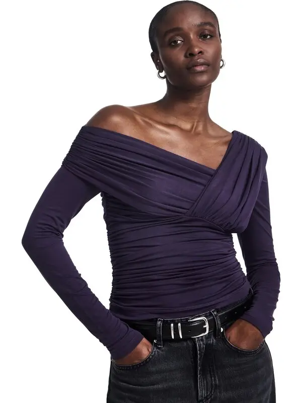 NINETY PERCENT Corey Ruched Long Sleeve Top - Aubergine