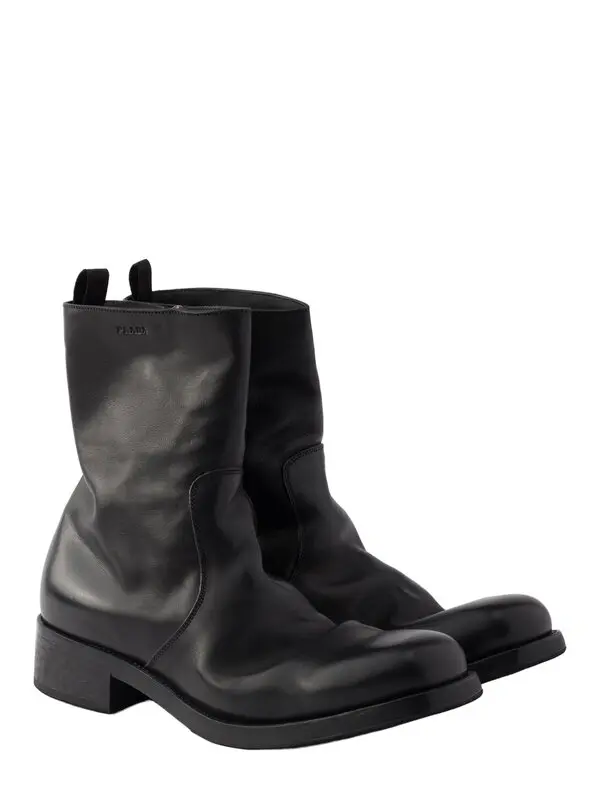 Prada Leather Zip Up Boots - Black