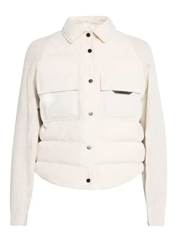 Brunello Cucinelli Knit-sleeve Techno Crinkled Cotton Padded Jacket - C1709 White