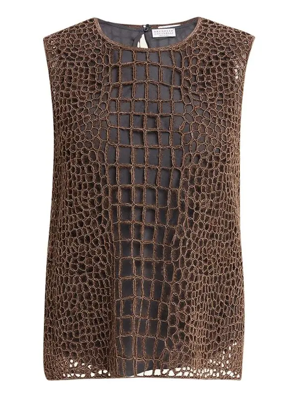Brunello Cucinelli Monili Croc-effect Top - Rose Gold/brown