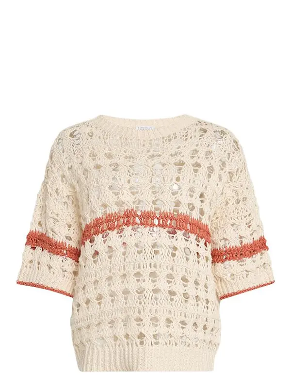 Brunello Cucinelli Stripe Cotton-jute Open Knit Short-sleeve Sweater - Cpq45 Almond Milk