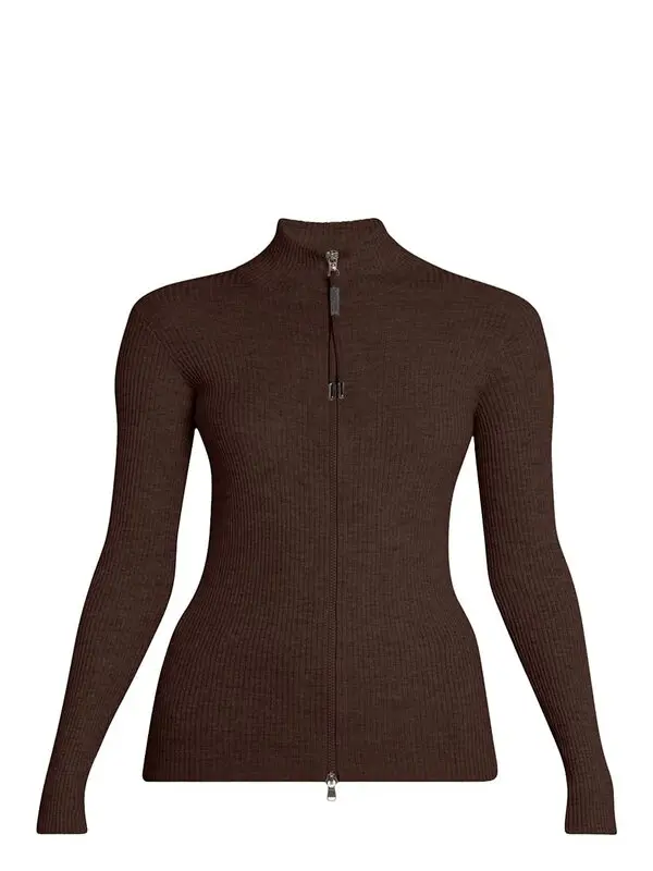 Brunello Cucinelli Ribbed Long-sleeve Monili Zip-up Top - Brown