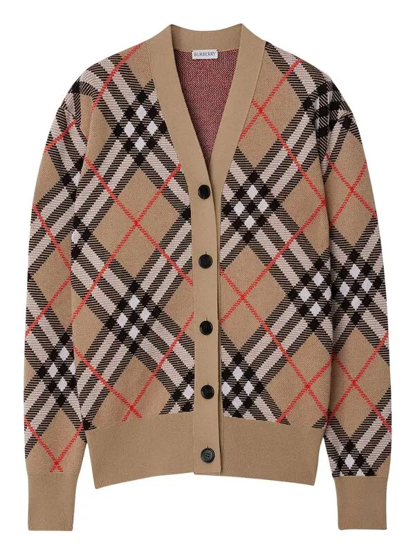 Burberry Check Intarsia V-neck Cardigan - Sand Ip Check