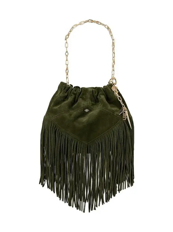 Ba&sh Mini June Fringe Suede Tote Bag - Green