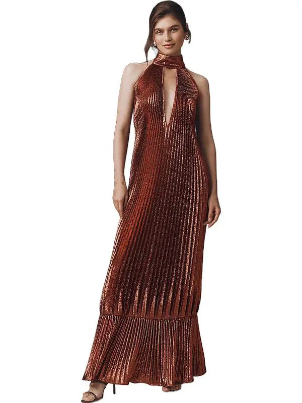 L'IDEE Libertie Velvet Halter Gown - Bronze Glitter