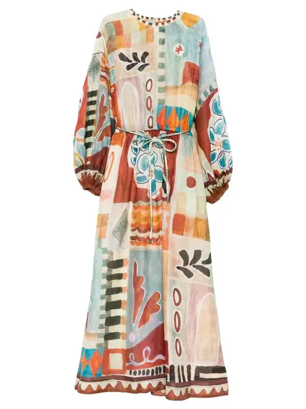 ALEMAIS Patchwork Tie-belt Midi Dress - Red