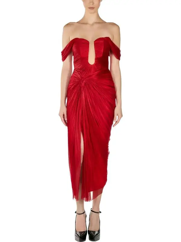 ARAFTU Off-shoulder Split Midi Dress - Red