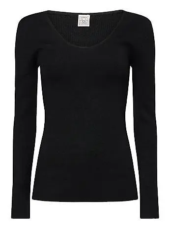 TOTEME Ribbed Scoop-neck Stretch-wool Blend Top - Black