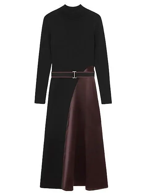 REISS Belted-waist Knitted Midi Dress - Black Burgundy