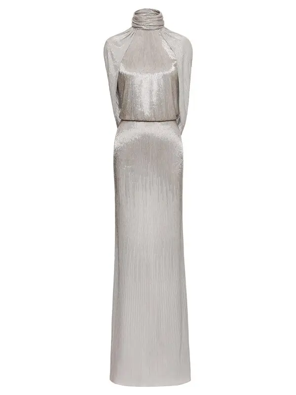 Oscar De La Renta Bugle Bead Lamé Draped Gown - Grey