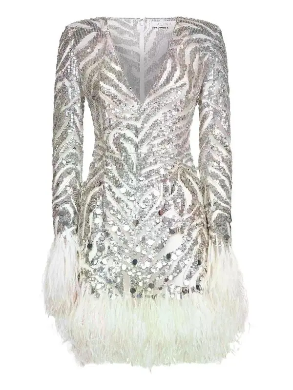 ALINA Sequin And Feather Embroidered Dress - White