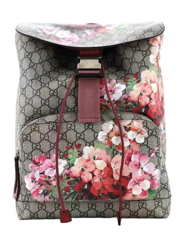Gucci Buckle Blooms Print Gg Coated Canvas Medium Backpack - Brown