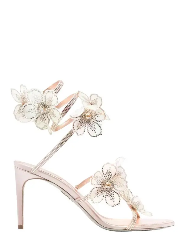 Rene Caovilla Floriane Flowers Strass Embellished Heeled Sandals - Pink