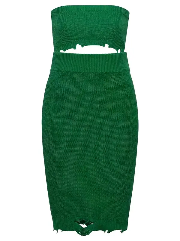 SEROYA Grace Frayed Mini Knitted Dress - Green
