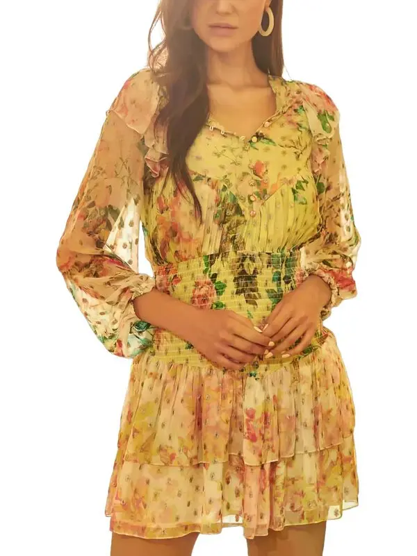 Hemant & Nandita Jolie Floral-print Ruffled Mini Dress - Yellow