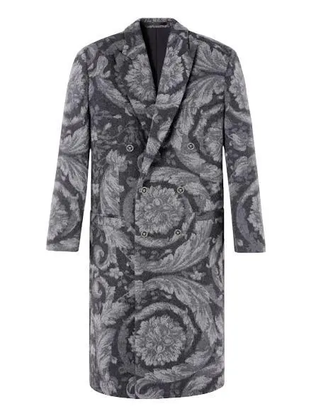 Versace Cashmere Barocco Stencil Double-breasted Coat - Black/grey
