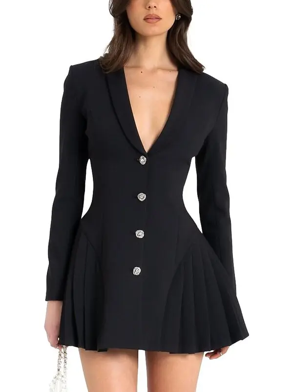 MISS CIRCLE Ria Blazer Mini Dress With Crystal Button And Pleated Detail - Black