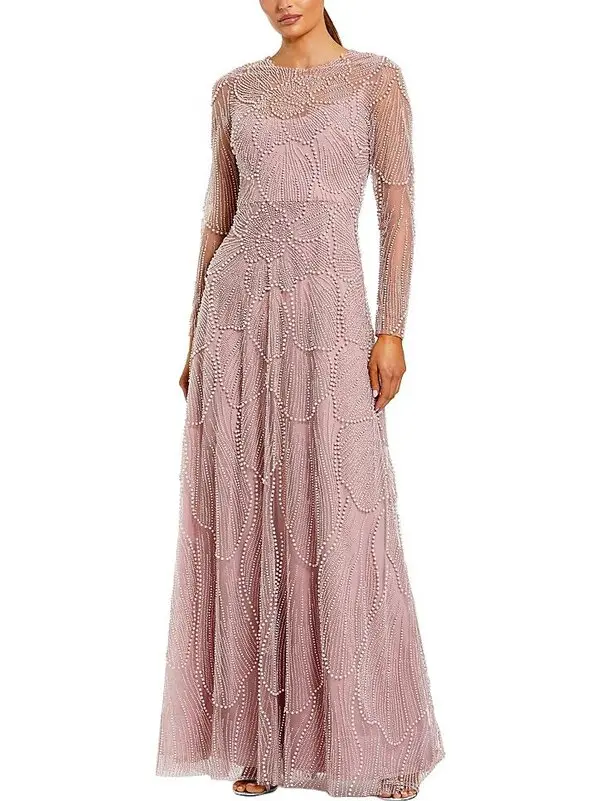 Mac Duggal Beaded Mesh High Neck Long Sleeve A-line Gown - Mocha