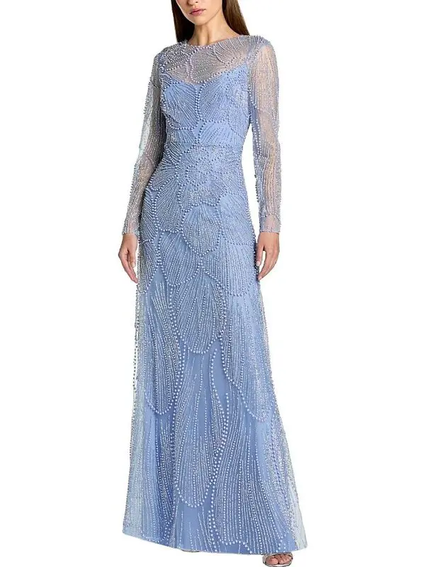 Mac Duggal Beaded Mesh High Neck Long Sleeve A-line Gown - Periwinkle