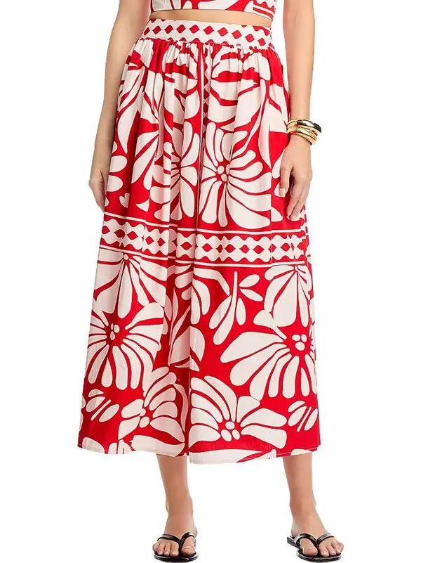 Aqua Floral Border Midi Skirt - Red/white