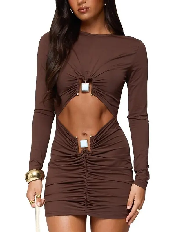 EDIKTED Nia Cutout Pendant Mini Dress - Brown