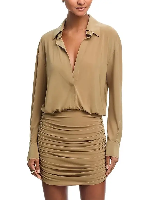 Norma Kamali Boyfriend Neck Shirred Skirt Dress - Camel