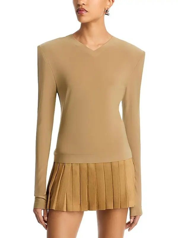 Norma Kamali Long Sleeve Shoulder Pad V Neck Top - Camel