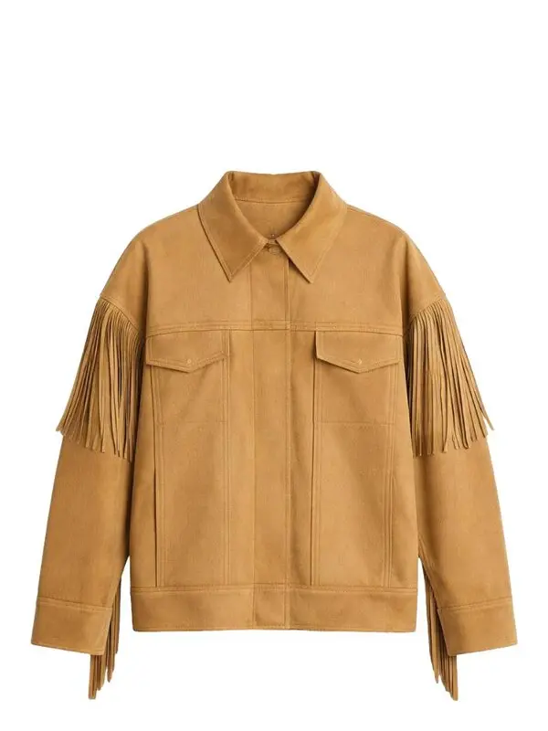 Norma Kamali Fringe Oversized Jean Jacket - Camel