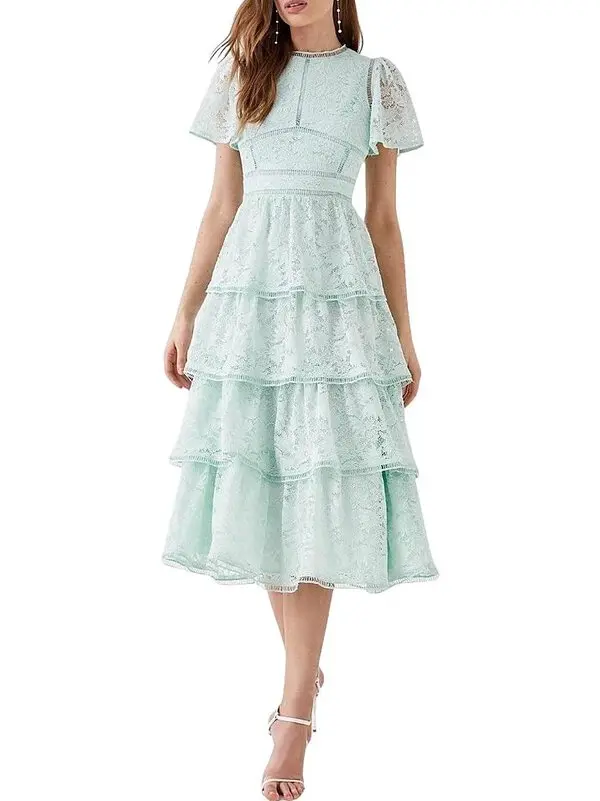 Coast Tiered Lace Flutter Sleeve Dress - Sage