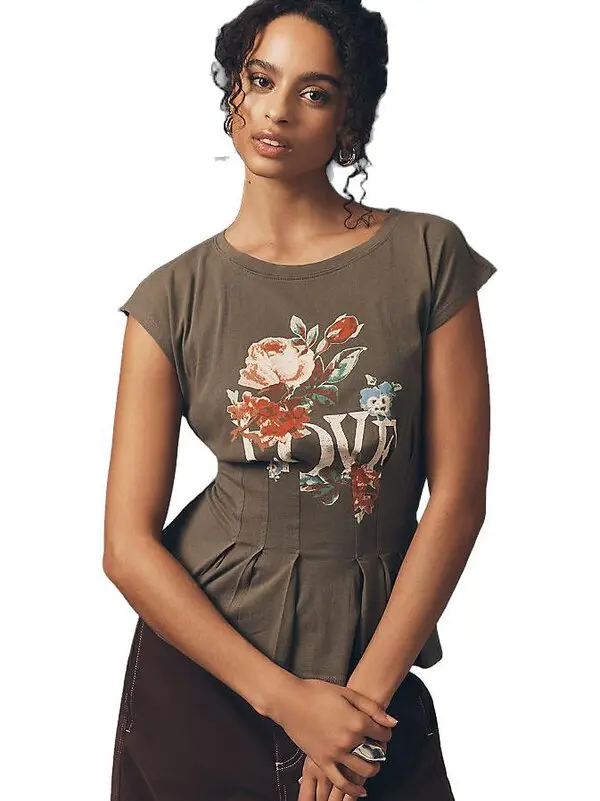 Anthropologie Graphic Darted Peplum T-shirt - Green