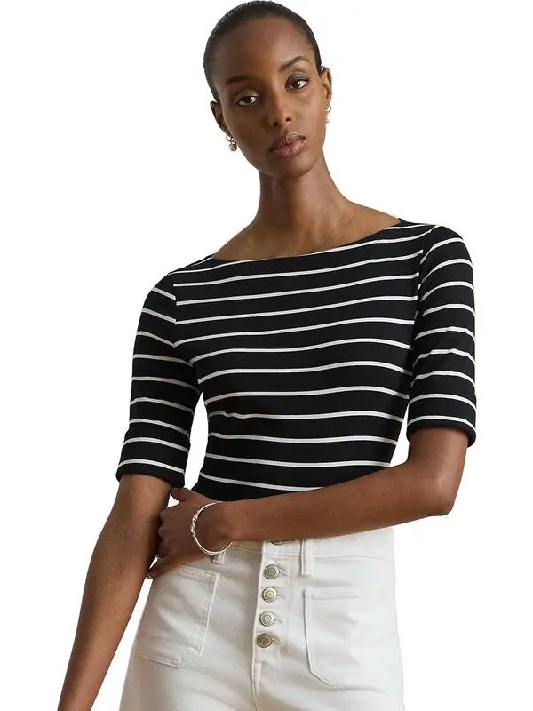 Ralph Lauren Striped Stretch Cotton Boatneck Tee - Polo Black/white