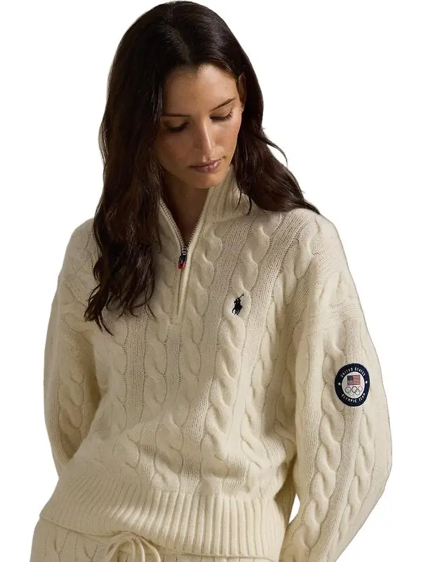 Ralph Lauren Team Usa Cable Wool-cashmere Half-zip - Authentic Cream