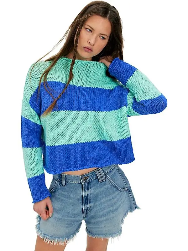 Free People Opal Rollneck Knit Stripe Sweater - Blue