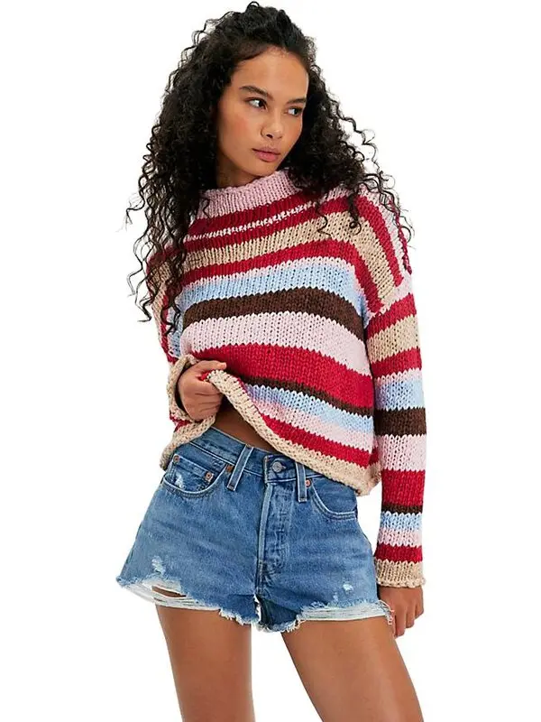 Free People Opal Rollneck Knit Stripe Sweater - Cherry Combo