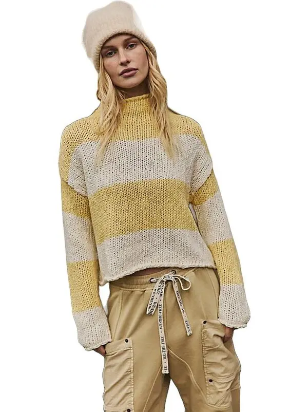 Free People Opal Rollneck Knit Stripe Sweater - Lemon Combo
