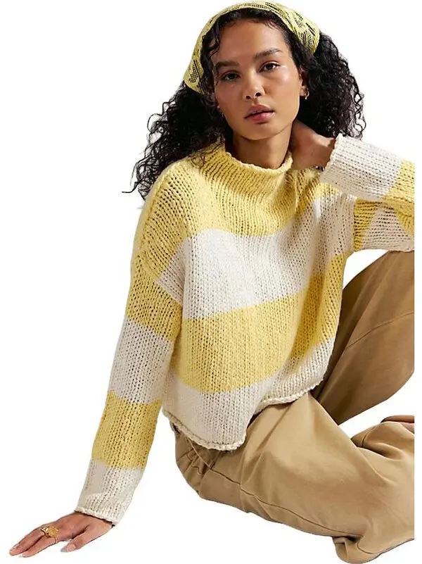 Free People Opal Rollneck Striped Sweater - Lemon Combo