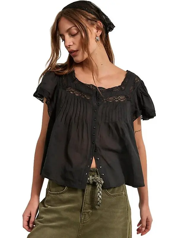 Free People Monica Top With Lace Detailing - Black