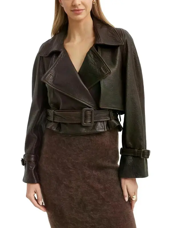 Nour Hammour Cut-out Collar Belted Jacket - Brown