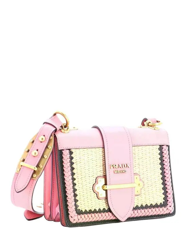 Prada Cahier Crossbody Bag Leather And Straw Small Shoulder Bag - Pink