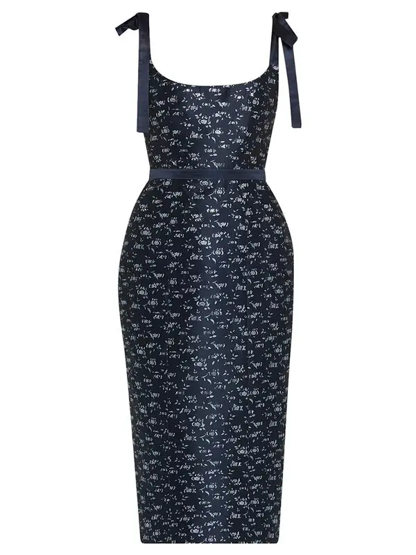 MARKARIAN Acacia Floral Jacquard Bow-shoulder Midi Dress - Navy/blue