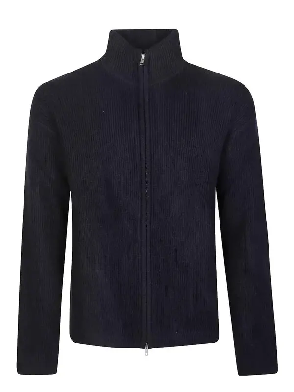 Soft Goat Ribbed Knit Zip-up Cardigan - Blue