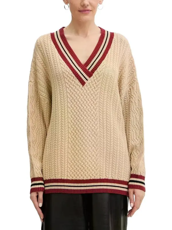 Guess Cable Knit V-neck Sweater - Neutrals