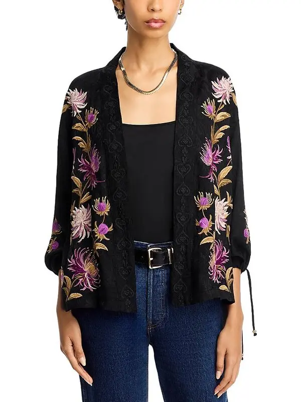 Johnny Was Embroidered Tie Sleeve Kimono - Black