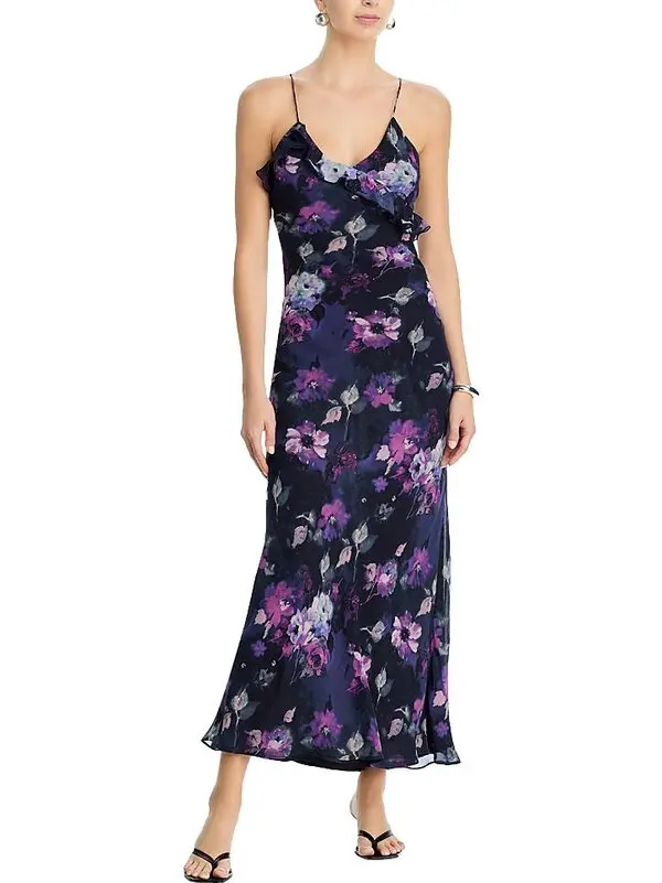 Aqua Floral Ruffle Maxi Slip Dress - Black/purple
