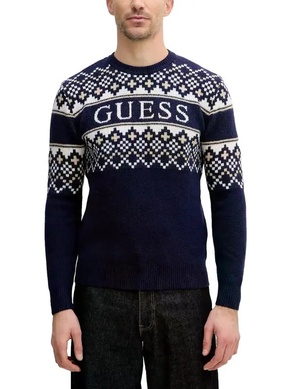 Guess Fair Isle Round Neck Sweater - Blue