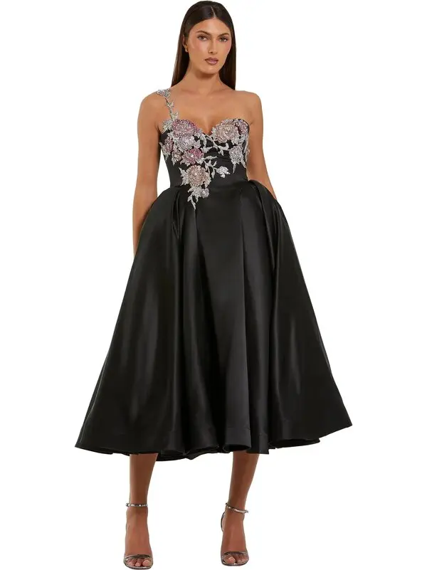 Mac Duggal One-shoulder Midi Dress With Floral Appliqués - Black Multi