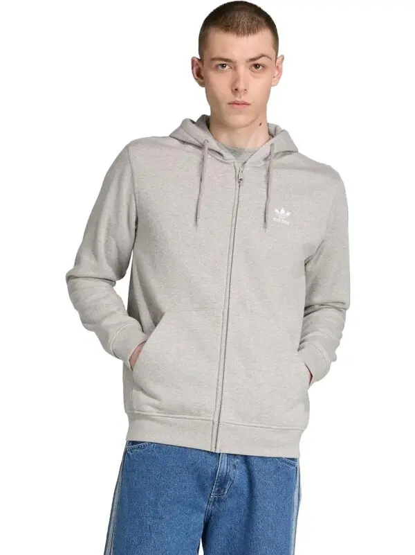 Adidas Trefoil Essentials Full-zip Hoodie - Medium Grey Heather / White